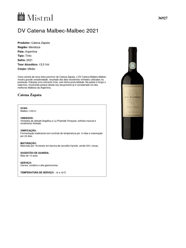 Ficha - Tecnica - 36927 - DV Catena Malbec Malbec 2021 Catena Zapata | PDF