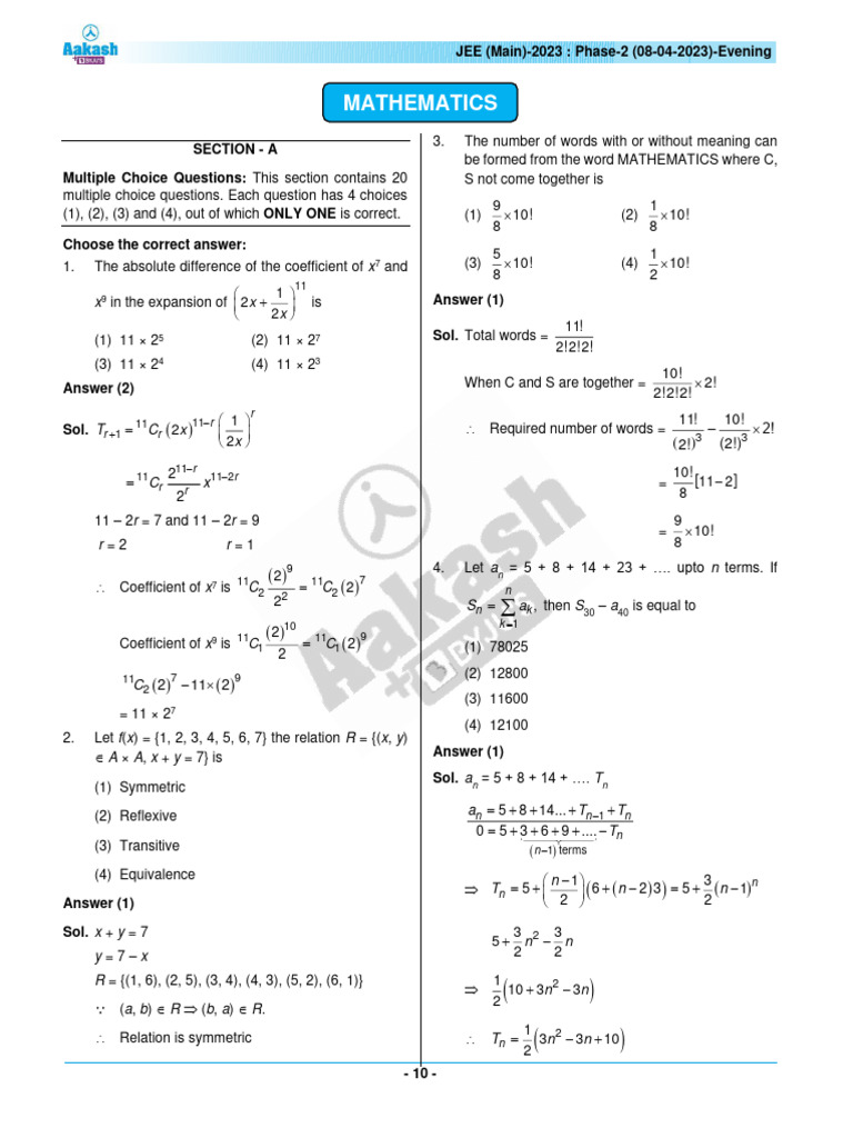 Ans-Sol JEEMain-2023 Ph-2 08-04-2023 Mathematics Evening | PDF | Mathematics | Mathematical Objects