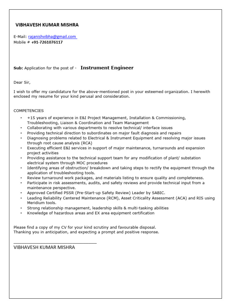 Cover Letter Instrument Engineer V Mishra | PDF | Business | Computers