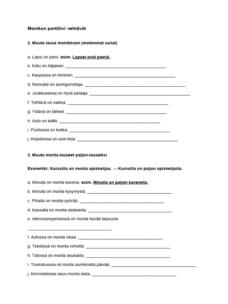 Monikon Partitiivi Tehtavat2 | PDF