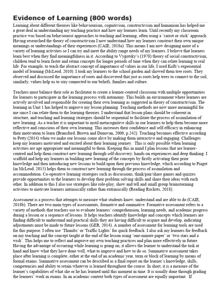 Evidence of Learning Unit 1 Exemplar | PDF | Learning | Educational Assessment