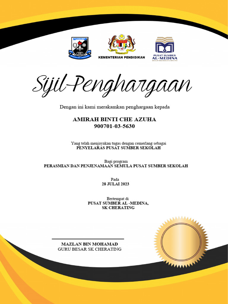 Template Sijil Penghargaan PSS | PDF