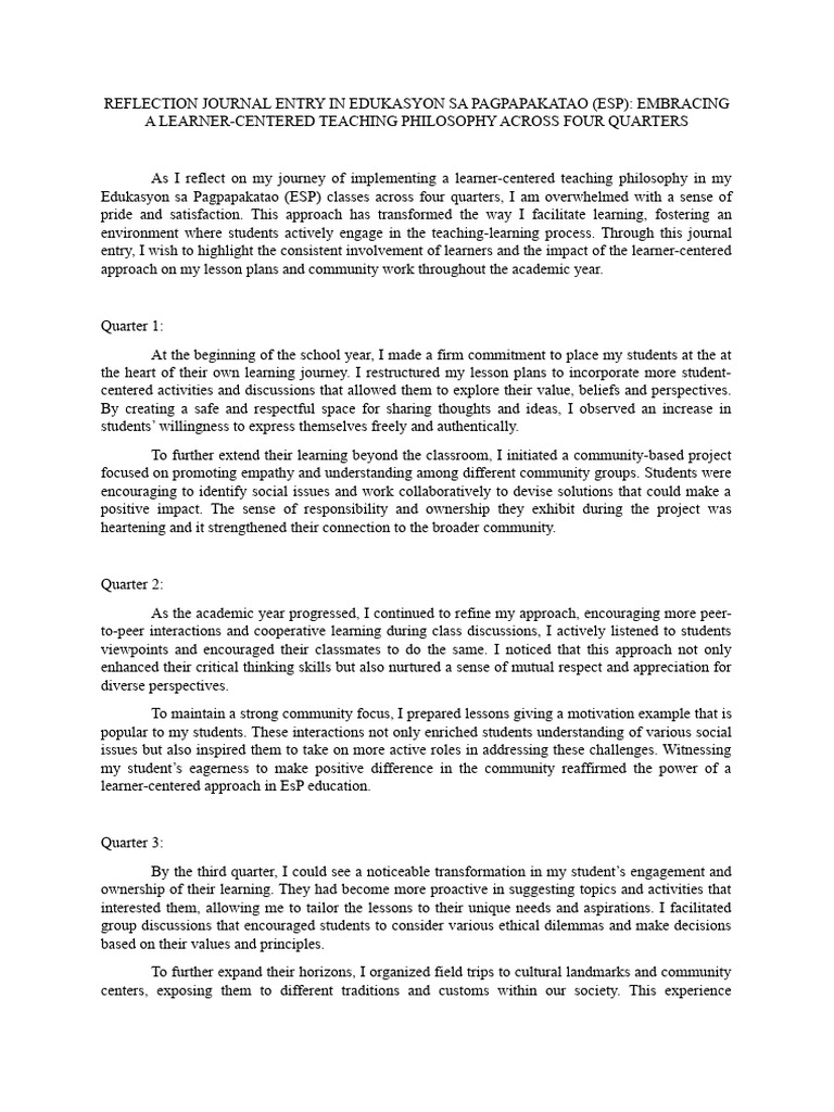 Reflection Journal Entry in Edukasyon Sa Pagpapakatao | PDF