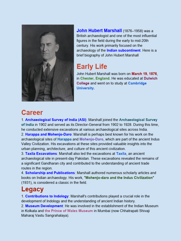 John Hubert Marshall (1876–1958) was a British archaeologist and one of the most influential ...