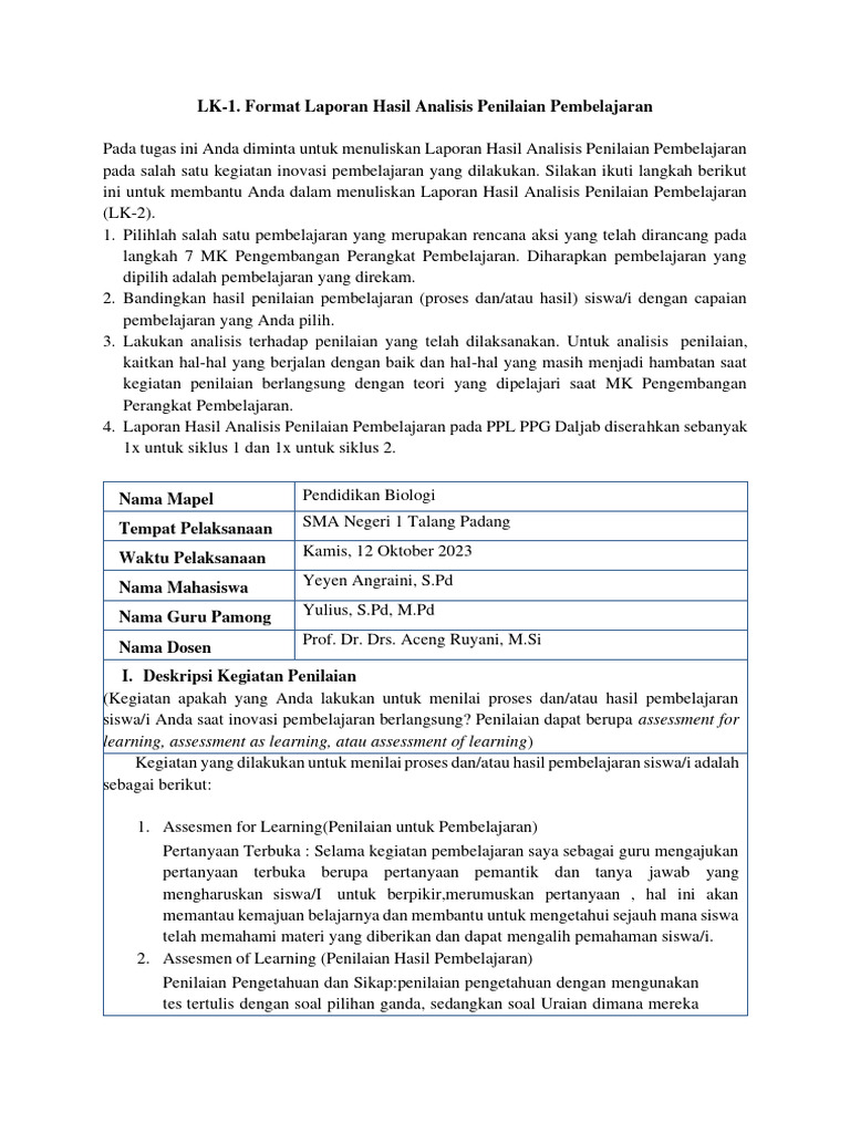 LK-1. Format Hasil Asesmen Pembelajaran Yeyen | PDF