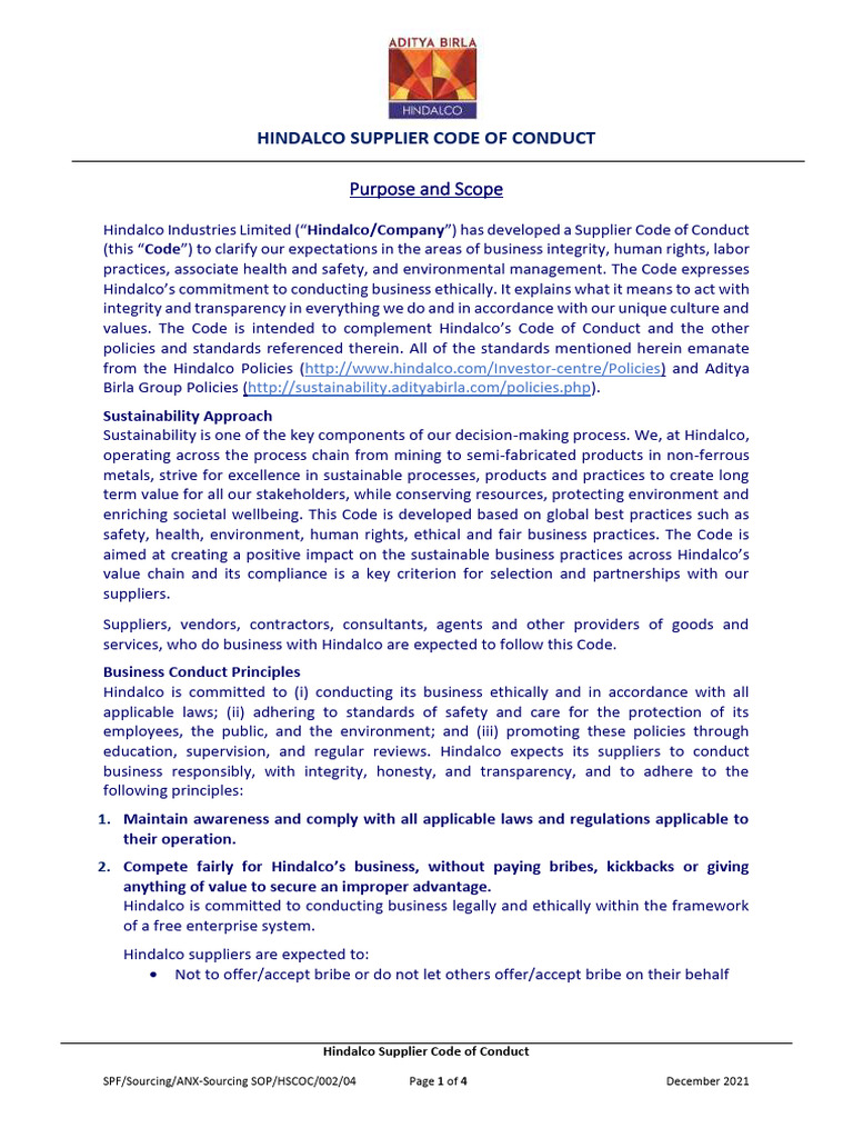 Hindalco Supplier Code Conduct | PDF | Occupational Safety And Health | Bribery