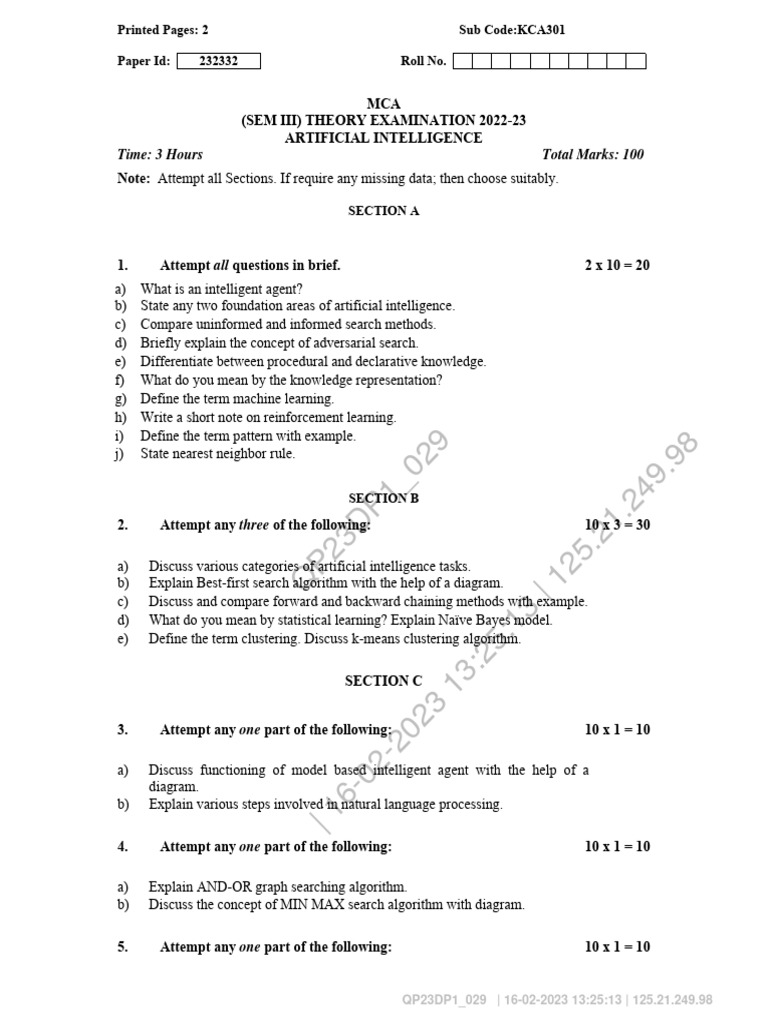 Mca 3 Sem Artificial Intelligence Kca301 2023 | PDF | Cluster Analysis | Machine Learning