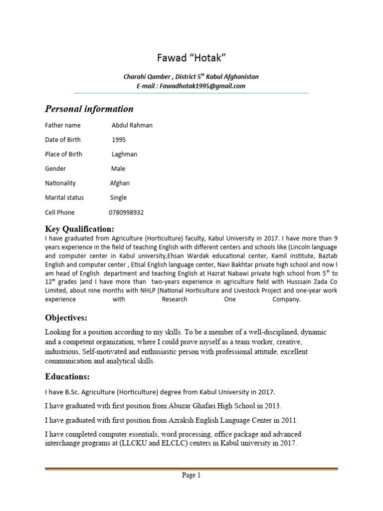 Fawad Hotak CV | PDF
