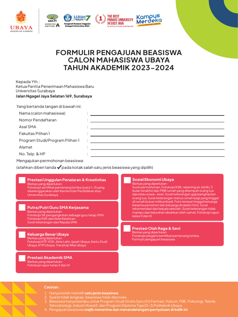 Form Pengajuan Beasiswa Ubaya 2023-2024 | PDF