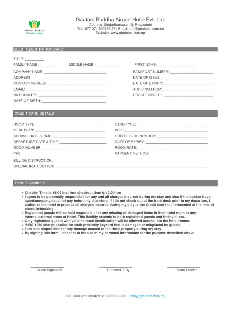 Guest Registration Card - Gautam Hotel | PDF | Career & Growth