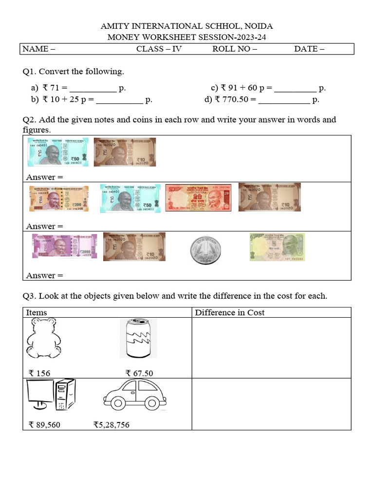 Amity International School Class 4 Testsheet | PDF | Finance & Money ...