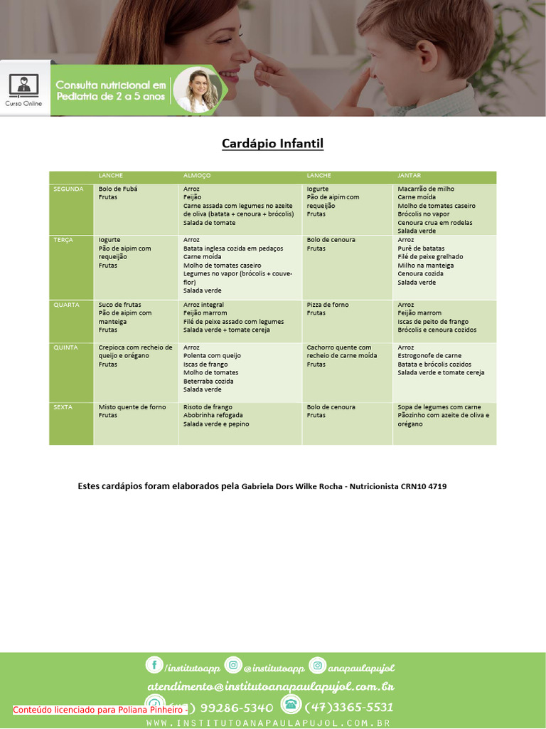 Cardápio Infantil Semanal Nutritivo | PDF