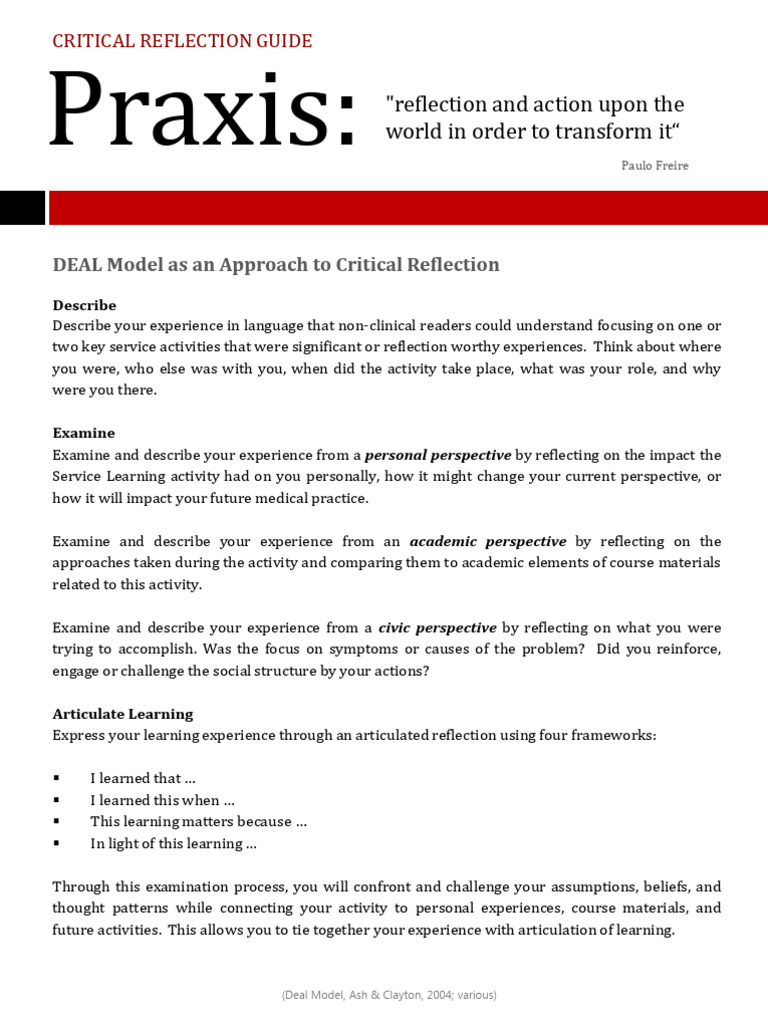 Praxis - A Critical Reflection Guide | PDF | Experience | Critical Thinking