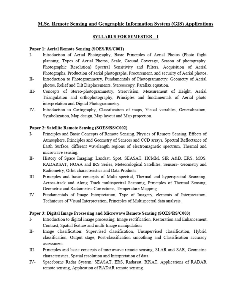 Remote Sensing & GIS Applications Syllabus For M SC Students | PDF