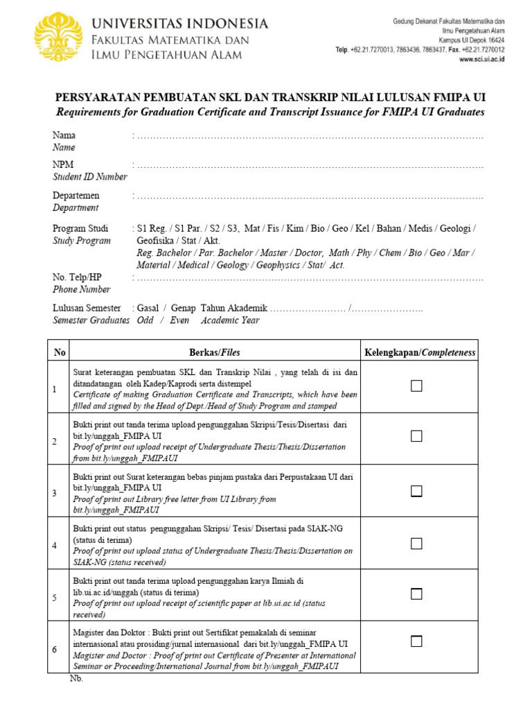 Borang Syarat Pembuatan SKL Statement Form of Diploma and Transcripts 1 2 | PDF