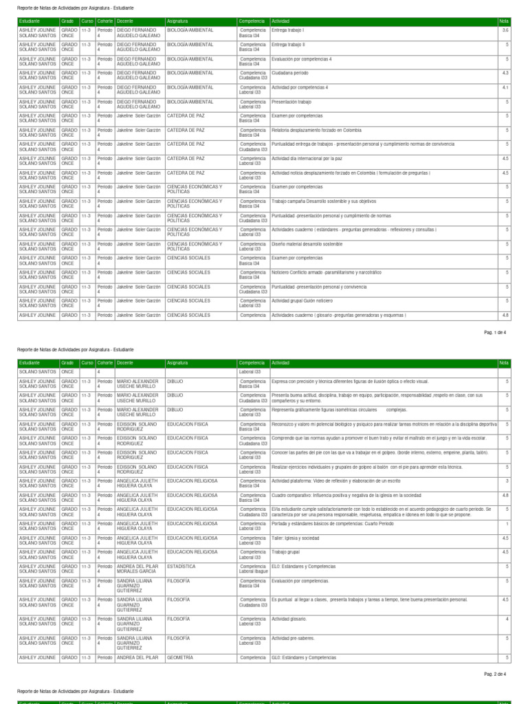 Reporte de Notas de Actividades Por Asignatura - Estudiante 9 | PDF