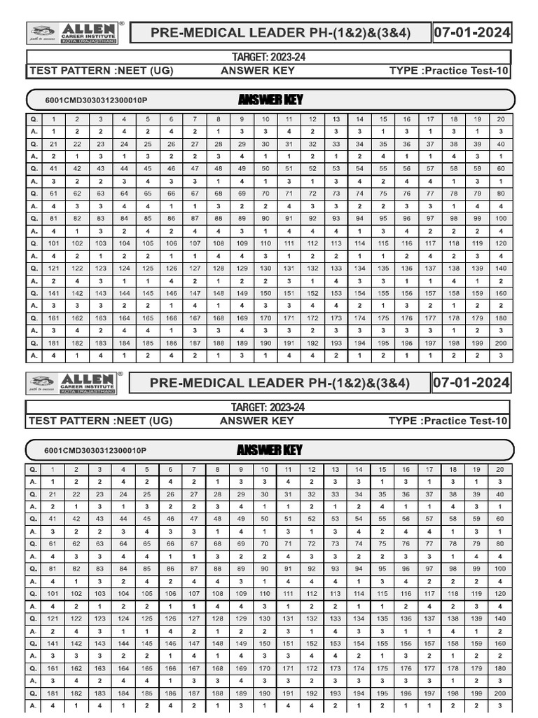PRE-MEDICAL LEADER PH - (1&2) & (3&4) PRACTICE TEST-10 07-01-2024 Key | PDF