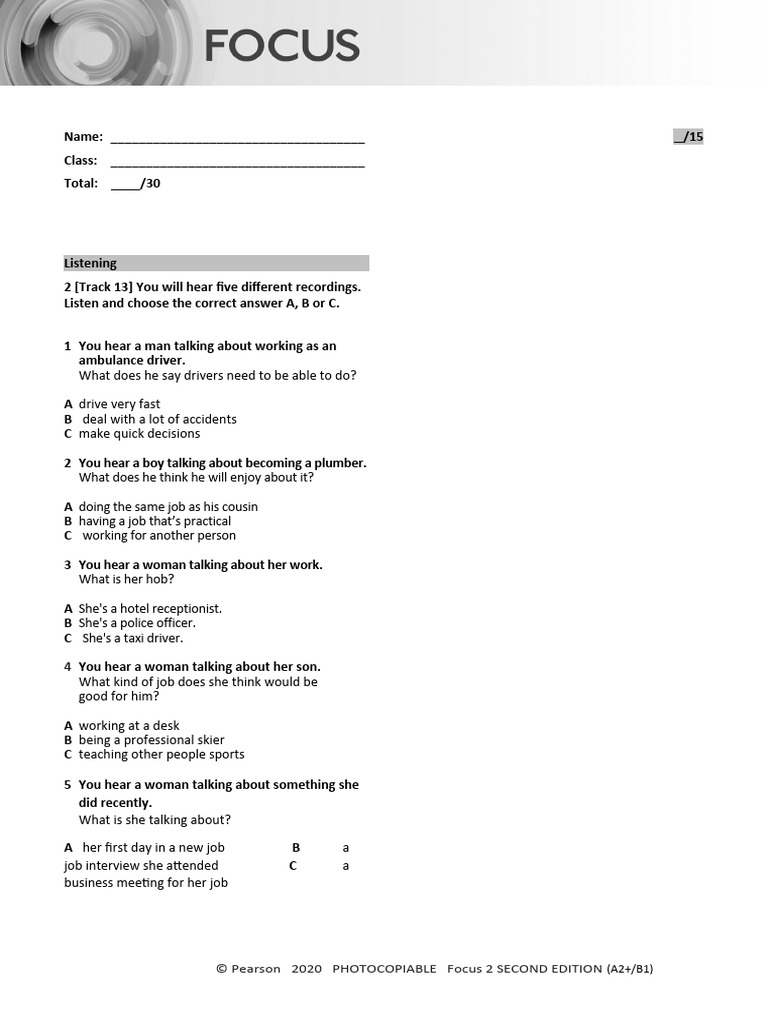 Focus2_2E_Unit_Test_Listening_Reading_Unit6_GroupA | PDF