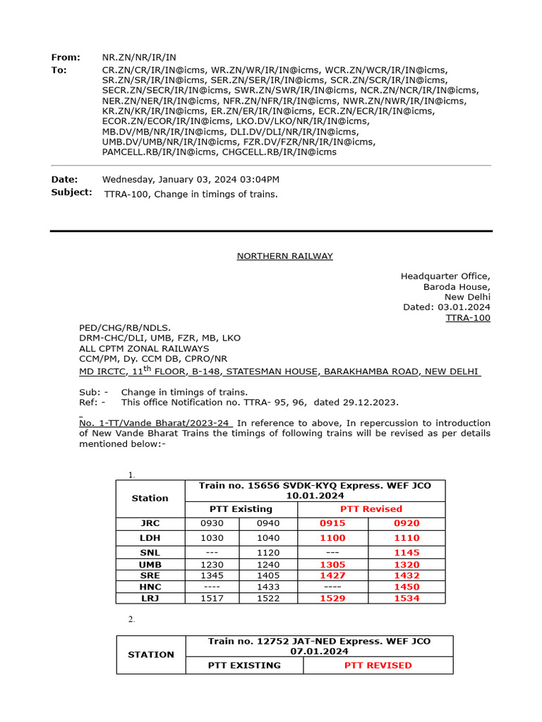 TTRA-100, Change in Timings of Trains. | PDF