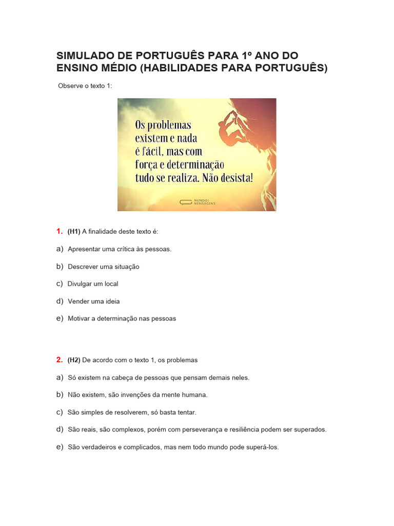 Simulado de Português para 1º Ano Do Ensino Médio | PDF