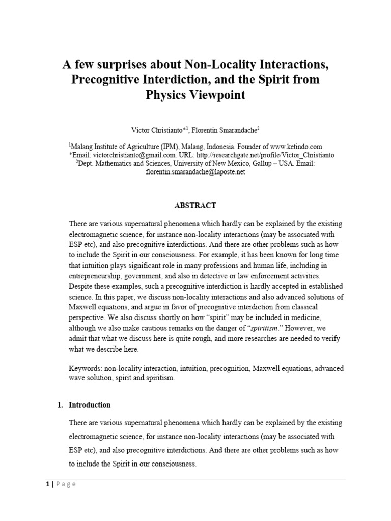A Few Surprises About Non-Locality Interactions, Precognitive Interdiction, and The Spirit From ...