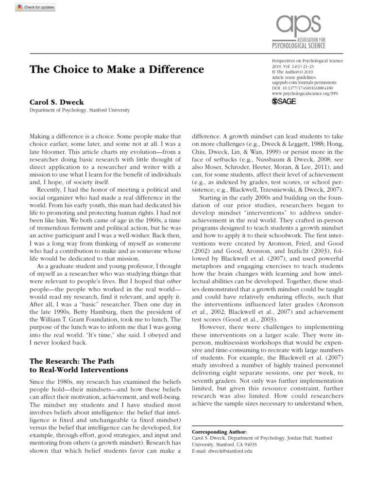 Dweck 2019 The Choice To Make A Difference | PDF