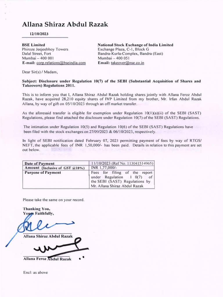 SEBI Disclosure: Share Acquisition by Gift | PDF | Law | Technology & Engineering