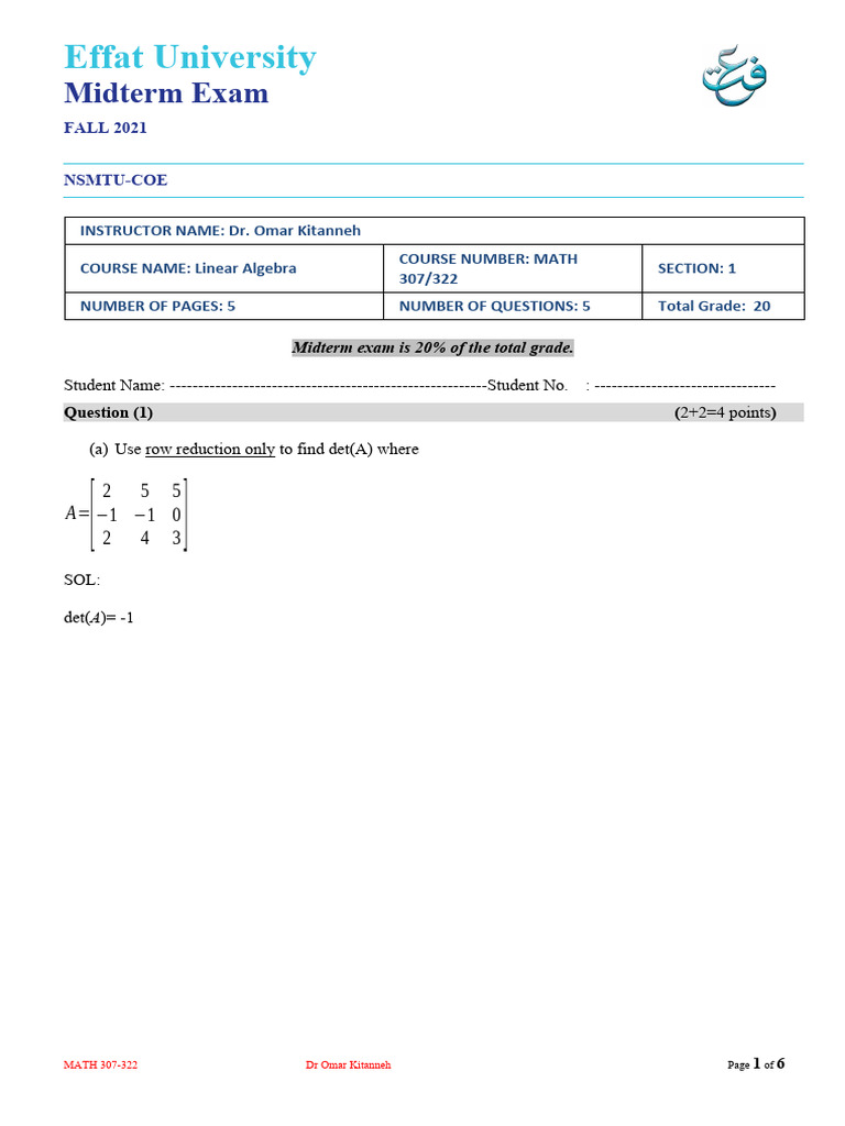 Midterm Math 307 Key | PDF | Linear Algebra | Functions And Mappings