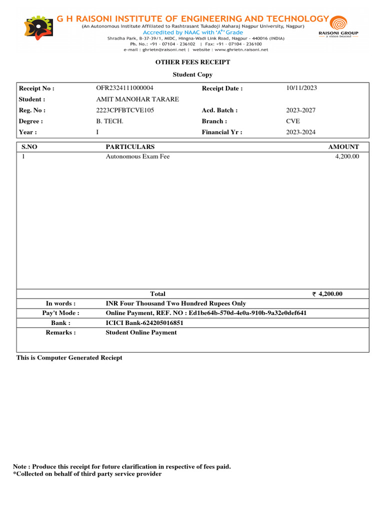 B. Tech Exam Fee Receipt 2023-24 | PDF