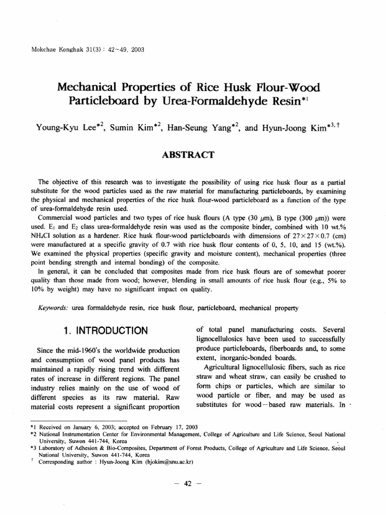 Mechanical Properties of Rice Husk Flour-Wood Particleboard by Urea-Formaldehyde Resin | PDF