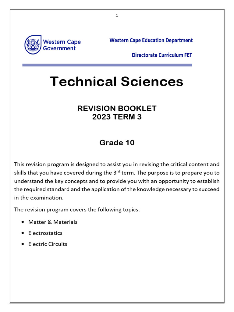 GR 10 Technical Sciences Revision Booklet Term 3 2023 | PDF