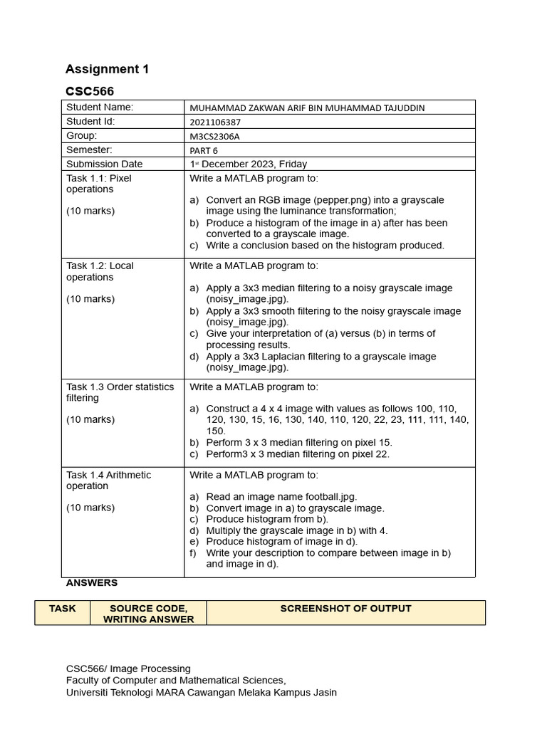CSC566 Image Processing Assignment 1 | PDF