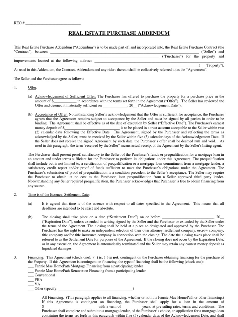 Real Estate Purchase Addendum: PURCHASER (Initials) - SELLER (Initials ...