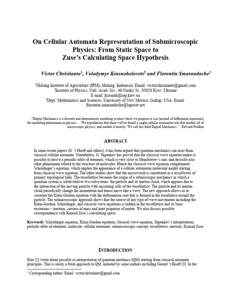 On Cellular Automata Representation of Submicroscopic Physics: From ...