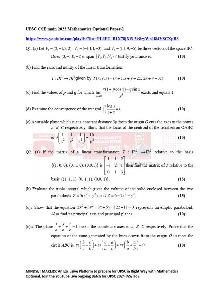 UPSC CSE Main 2023 Mathematics Optional Paper 1 | PDF | Acceleration | Geometry