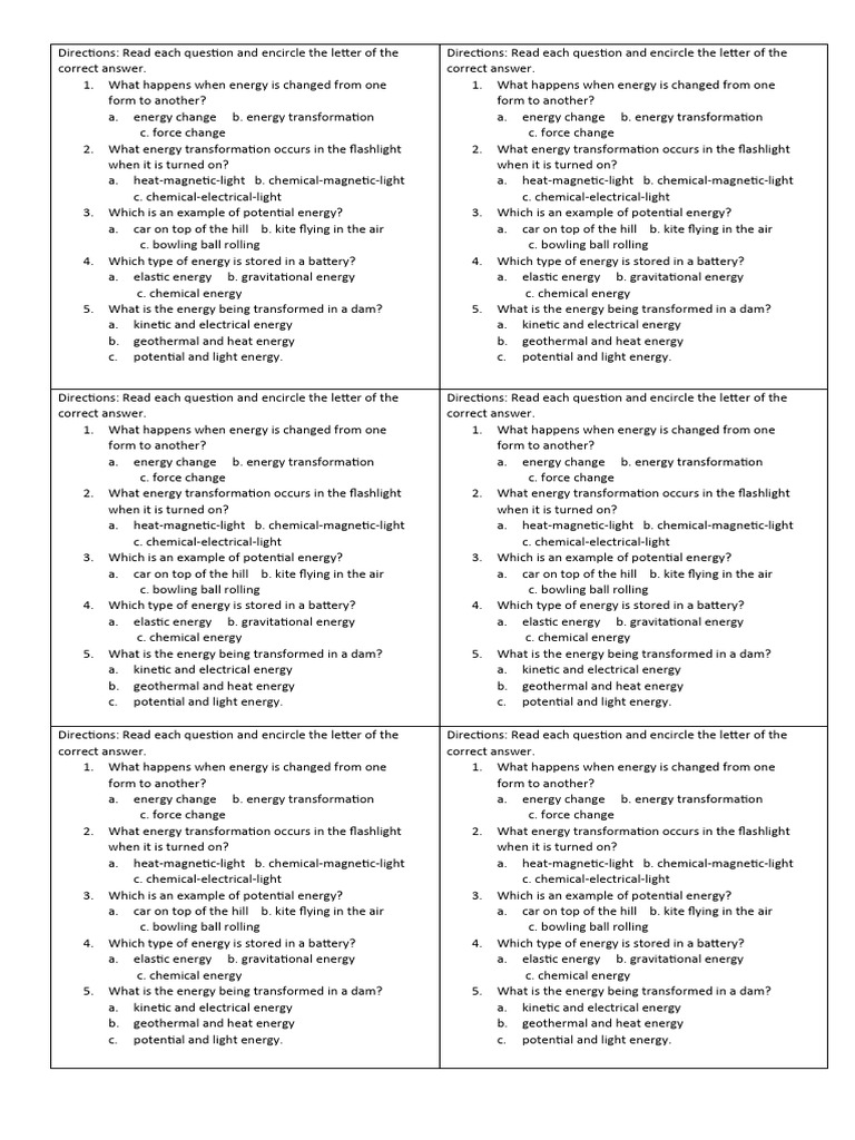Post-Test Energy Transformation | PDF | Potential Energy | Kinetic Energy