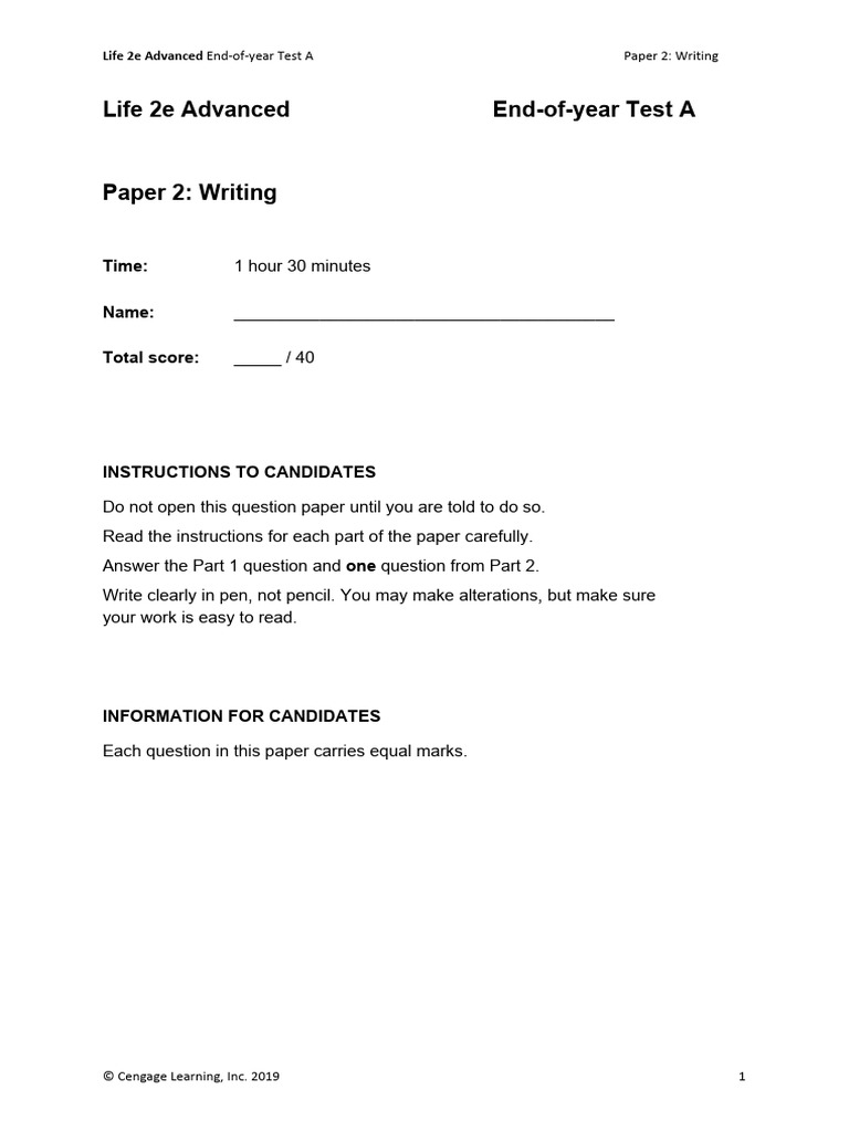 Life 2e Adv End-Of-Year TestA Paper2 | PDF | Books | Human Communication