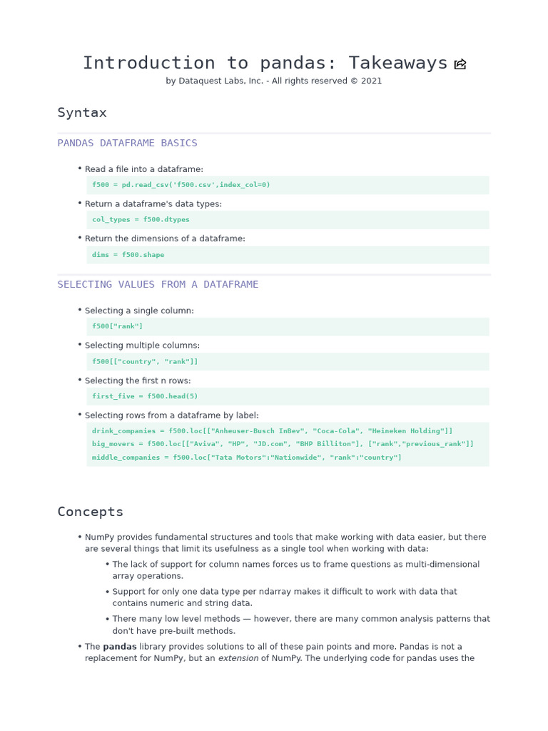 Introduction To Pandas Takeaways | PDF | Teaching Methods & Materials | Technology & Engineering