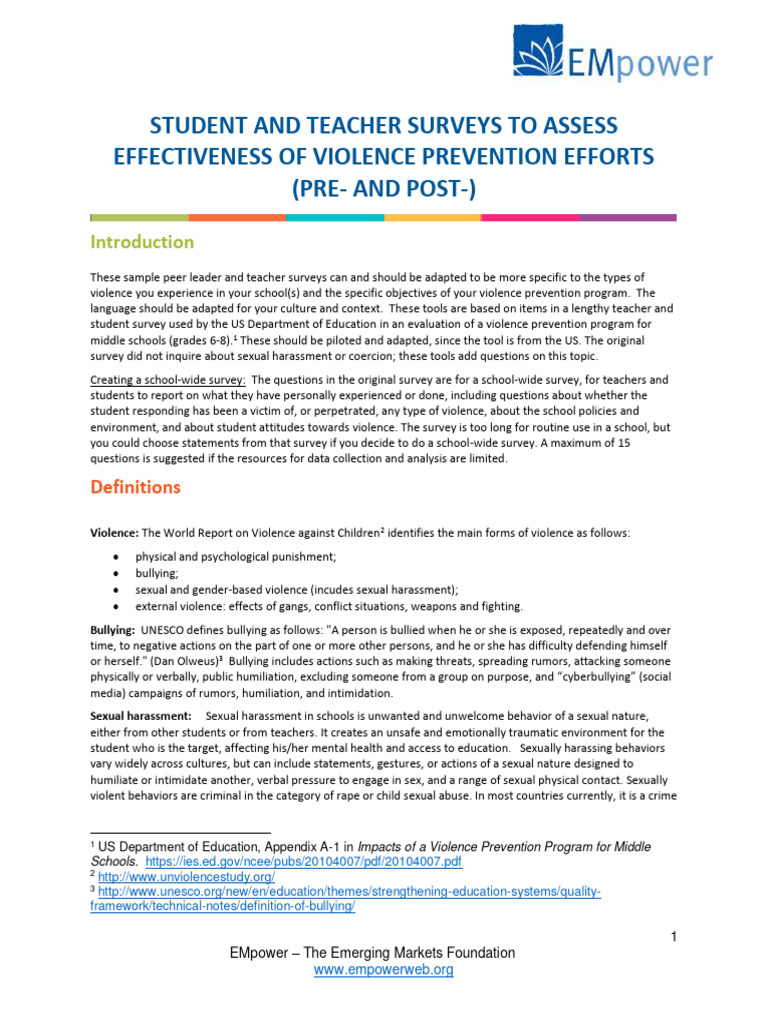 Teacher and Student Survey On Violence Prevention English Final | PDF ...