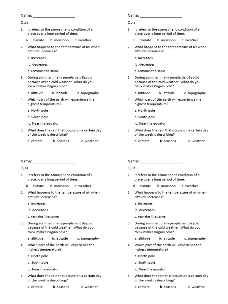 Climate and Weather Quiz | PDF | Weather | Climate