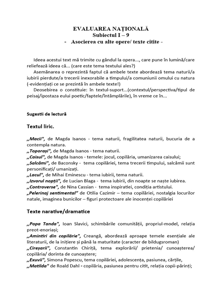 EVALUAREA NAȚIONALĂ Lecturi - Asociere | PDF
