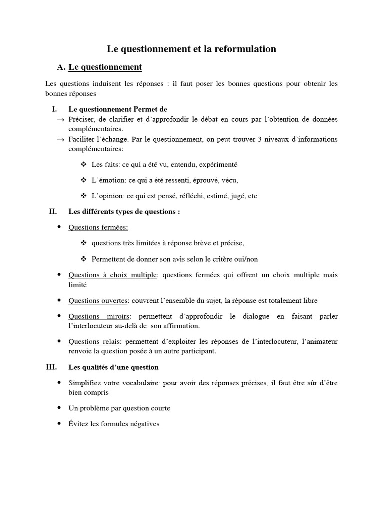 Le Questionnement Et La Reformulation | PDF