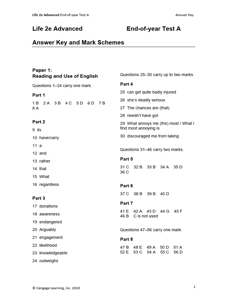 Life 2e Adv End-Of-Year TestA AnswerKey | PDF