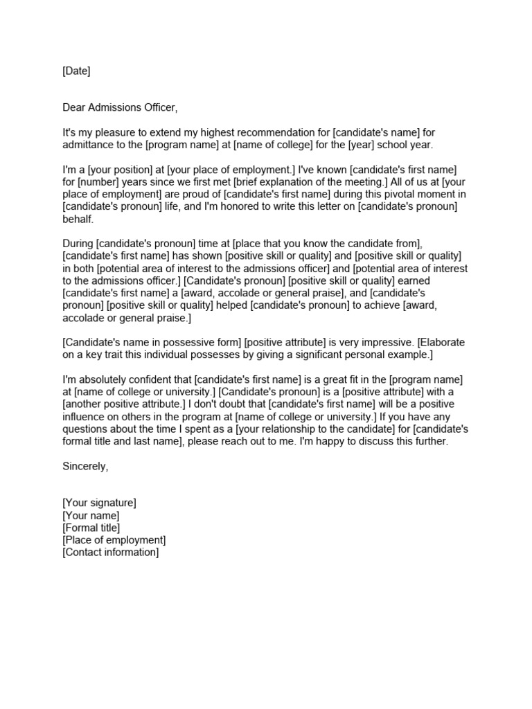 College Letter of Recommendation Template | PDF
