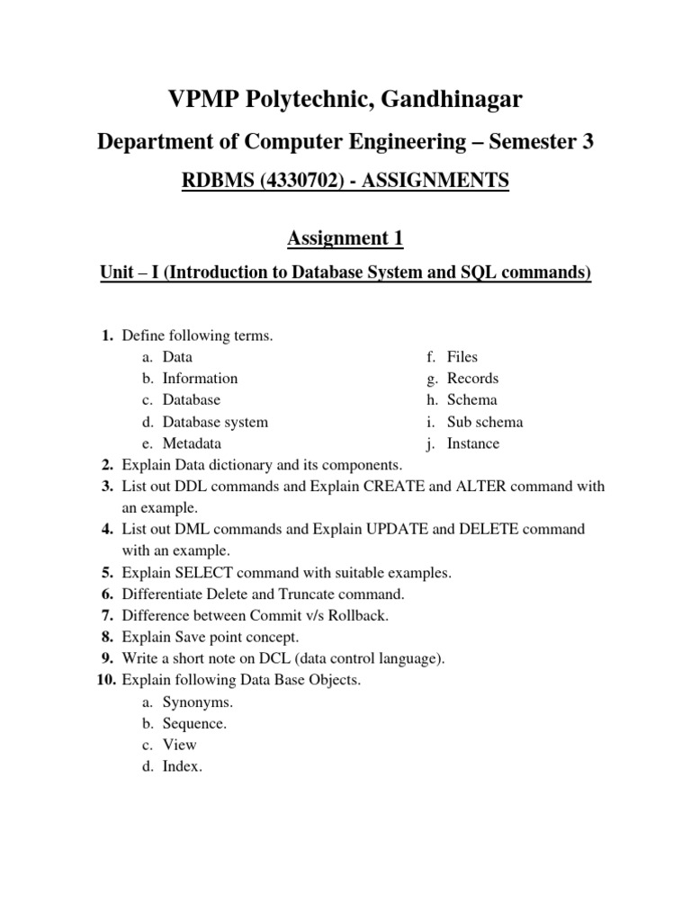 Rdbms Assignments Pdf 3457