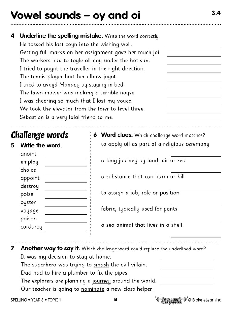 Year 3 Spelling: Vowel Sounds "oy" and "oi" | PDF