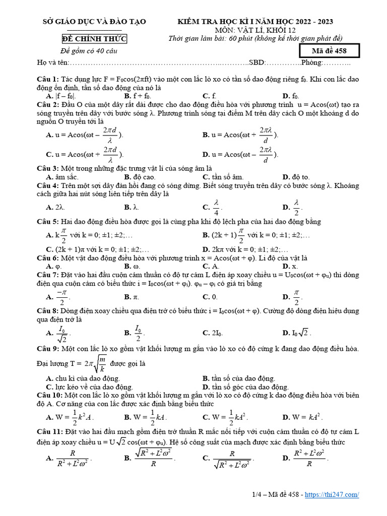 De Kiem Tra Cuoi Hoc Ky 1 Vat Li 12 Nam 2022 2023 So GDDT Binh Duong 2 | PDF