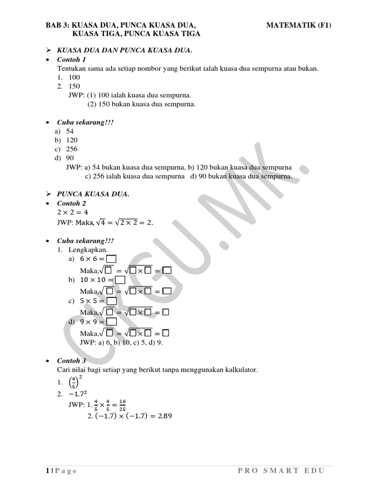 Bab 3 Kuasa Dua, Punca Kuasa Dua, Kuasa Tiga, Punca Kuasa Tiga F | PDF