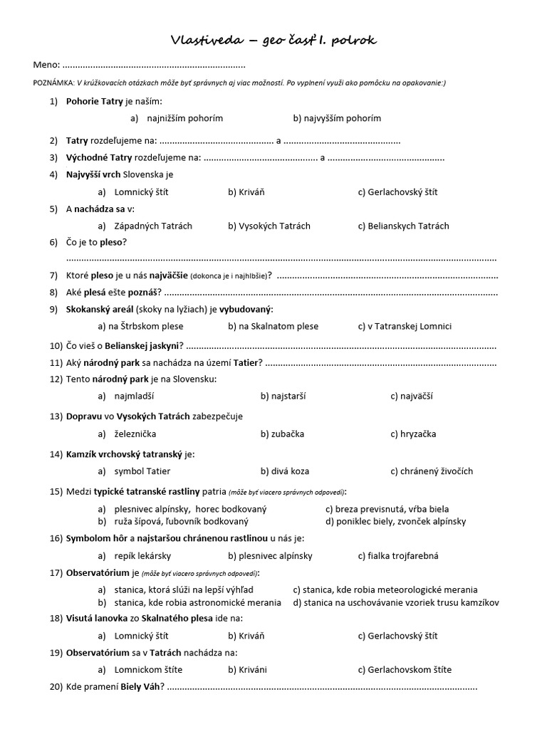 Stvrtacka Vlastiveda Testik Geo1 | PDF