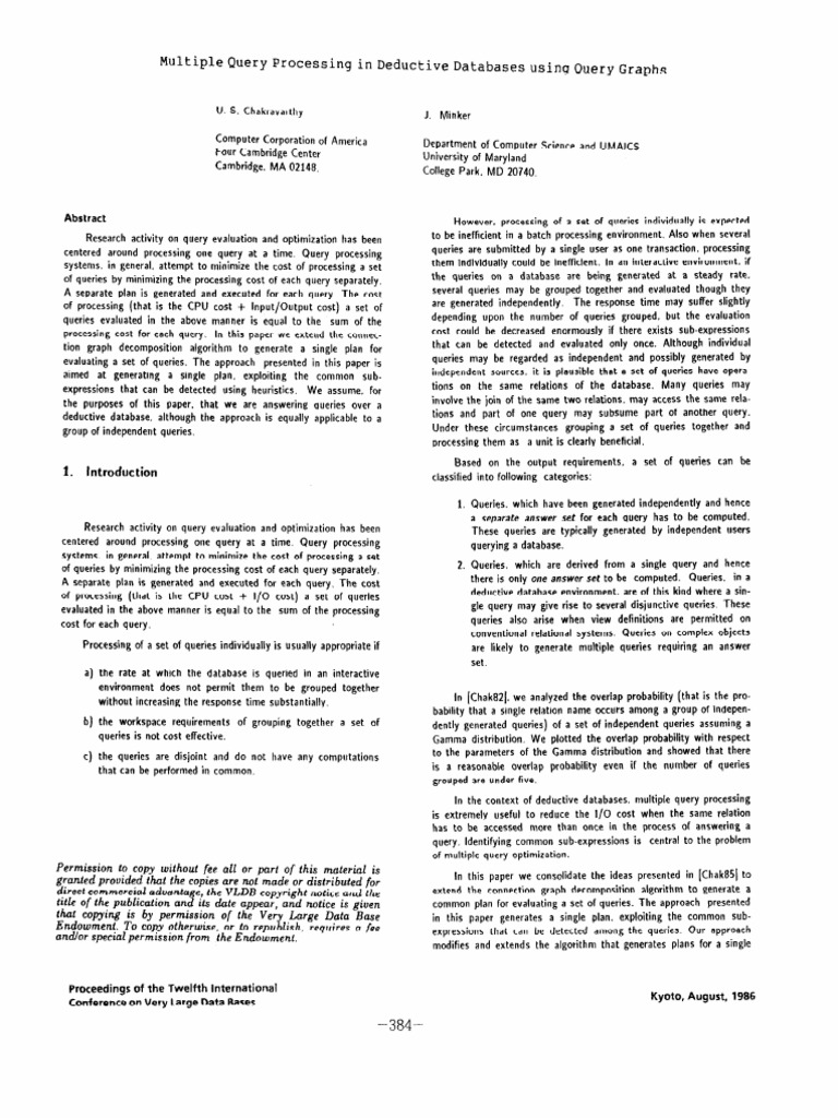 Multiple Query Processing in Deductive Database Using Query Graphs | PDF